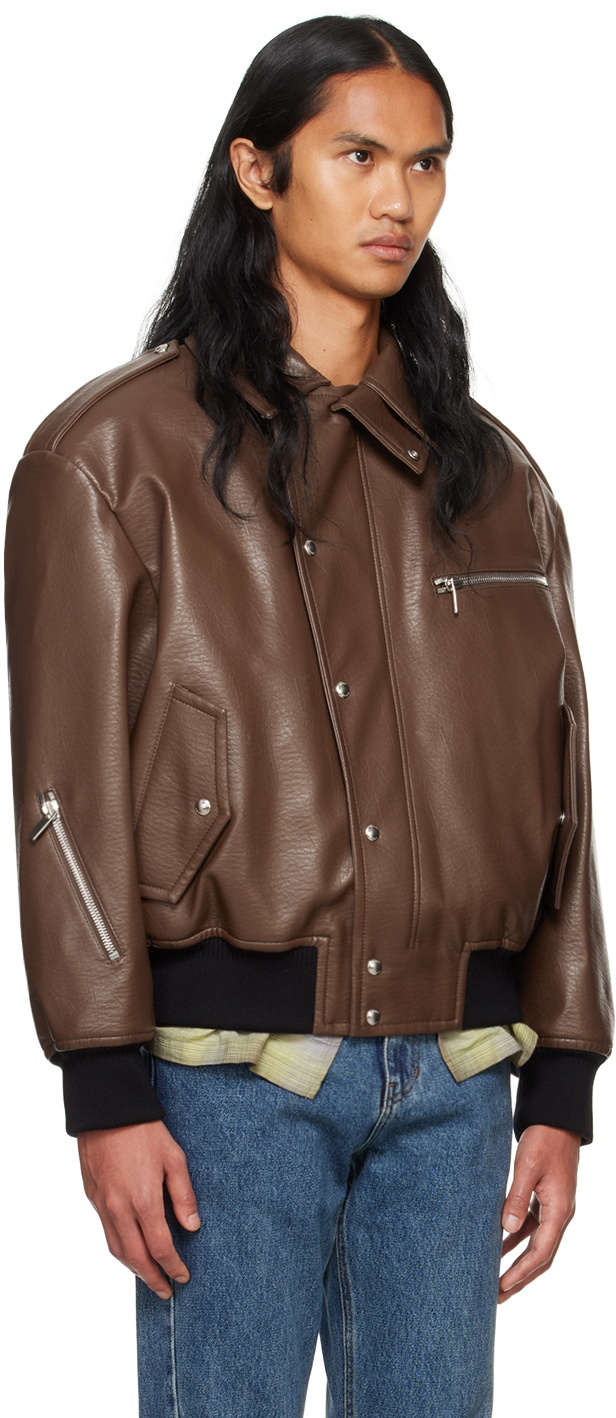 System Brown Padded Faux-Leather Jacket System
