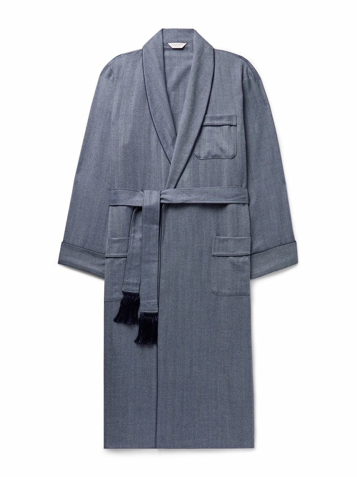 Derek Rose - Lincoln 11 Belted Herringbone Wool Robe - Blue Derek Rose