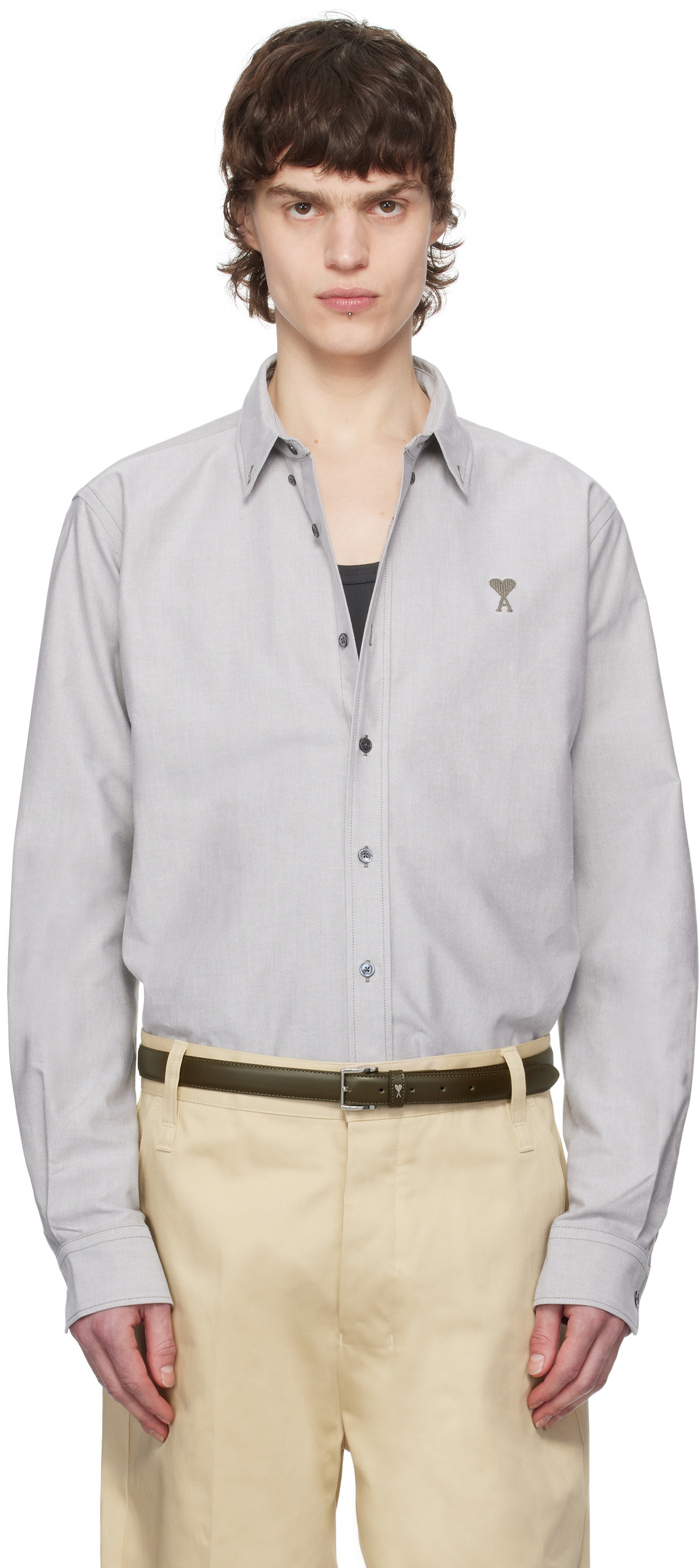 AMI Paris Gray Cotton Button-Down Ami de Coeur Shirt AMI