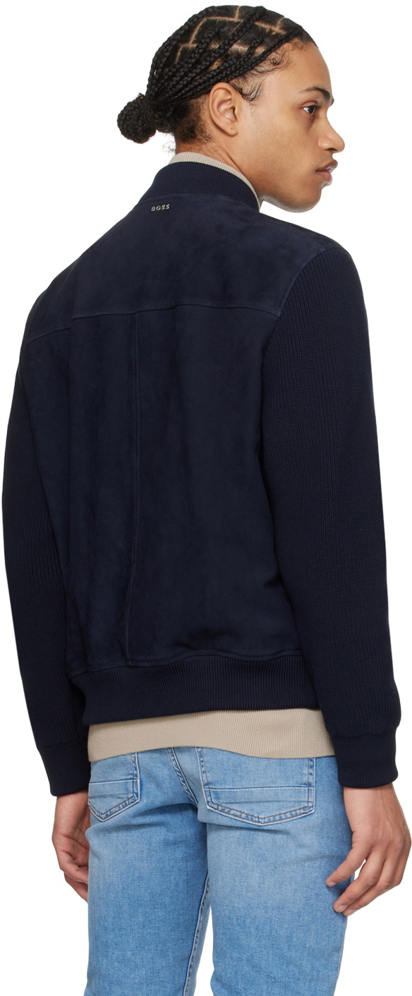 BOSS Navy Paneled Leather Bomber Jacket BOSS