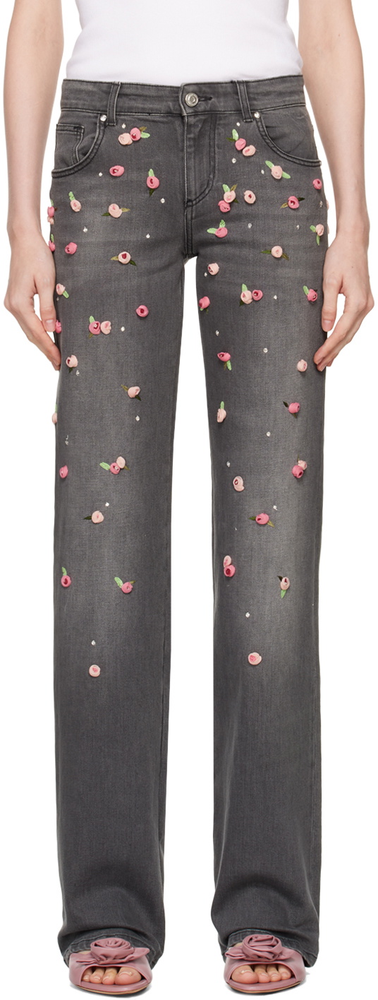Blumarine Gray Wide Leg Embroidery Roses Jeans Blumarine