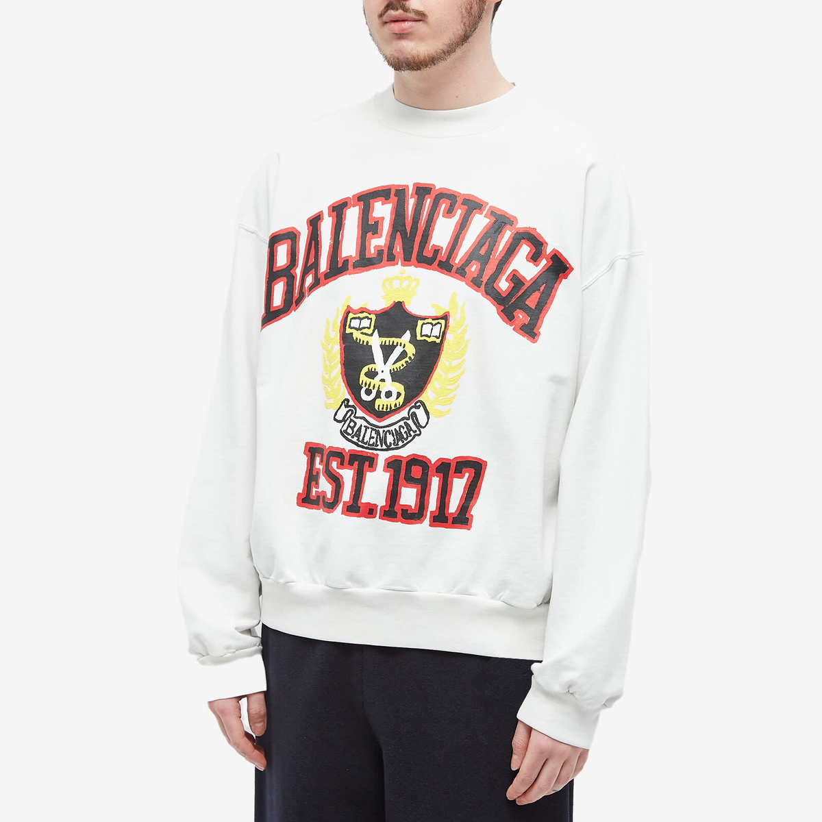 Balenciaga Men's College Crew Sweat in Dirty White Balenciaga