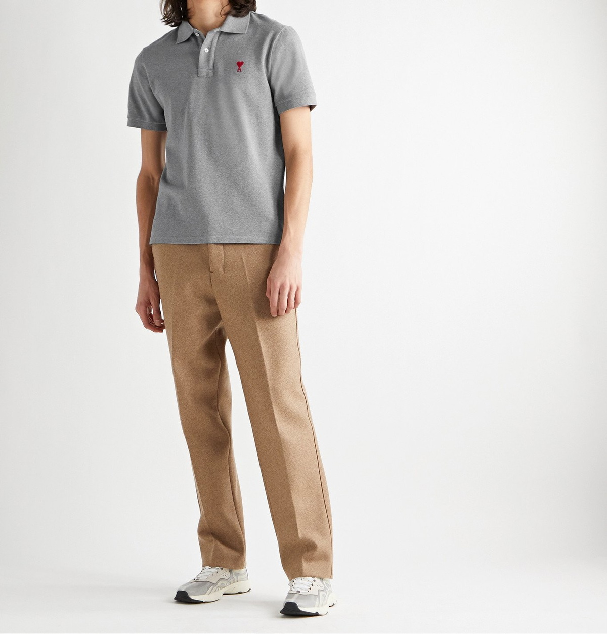 AMI PARIS - Logo-Embroidered Mélange Cotton-Piqué Polo Shirt - Gray AMI
