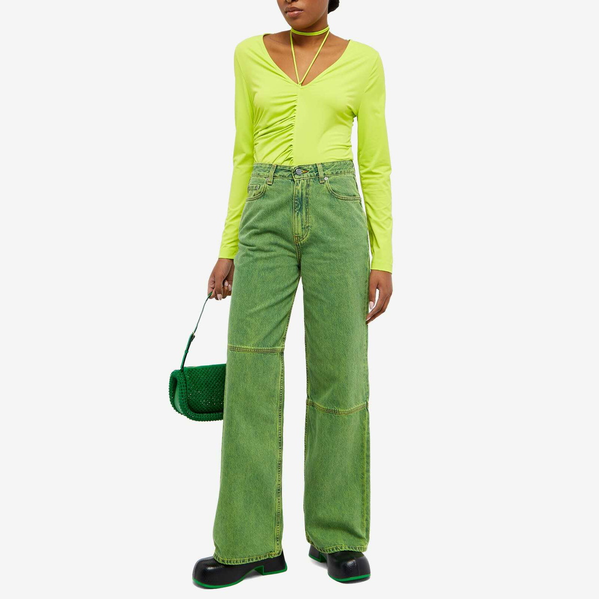 GANNI Women's Overdyed Bleach Denim Magny Jean in Lime Punch GANNI