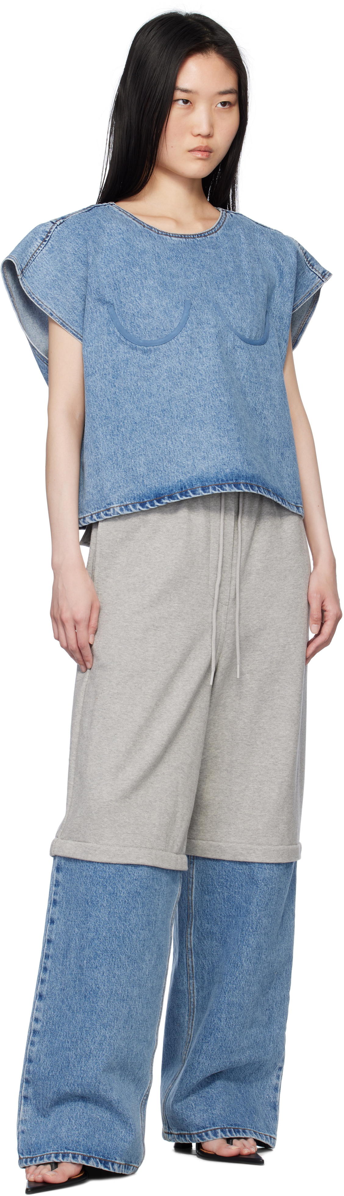 Pushbutton Blue Bra Point Sleeveless Denim Top Pushbutton