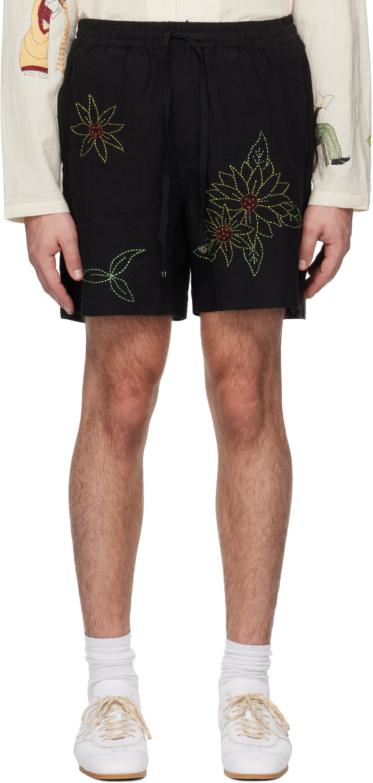 HARAGO Black Sunflower Embroidered Shorts HARAGO