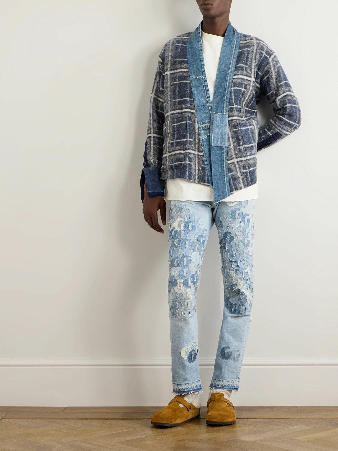 Greg Lauren - G1 Denim-Trimmed Checked Brushed Wool and Cotton-Blend ...