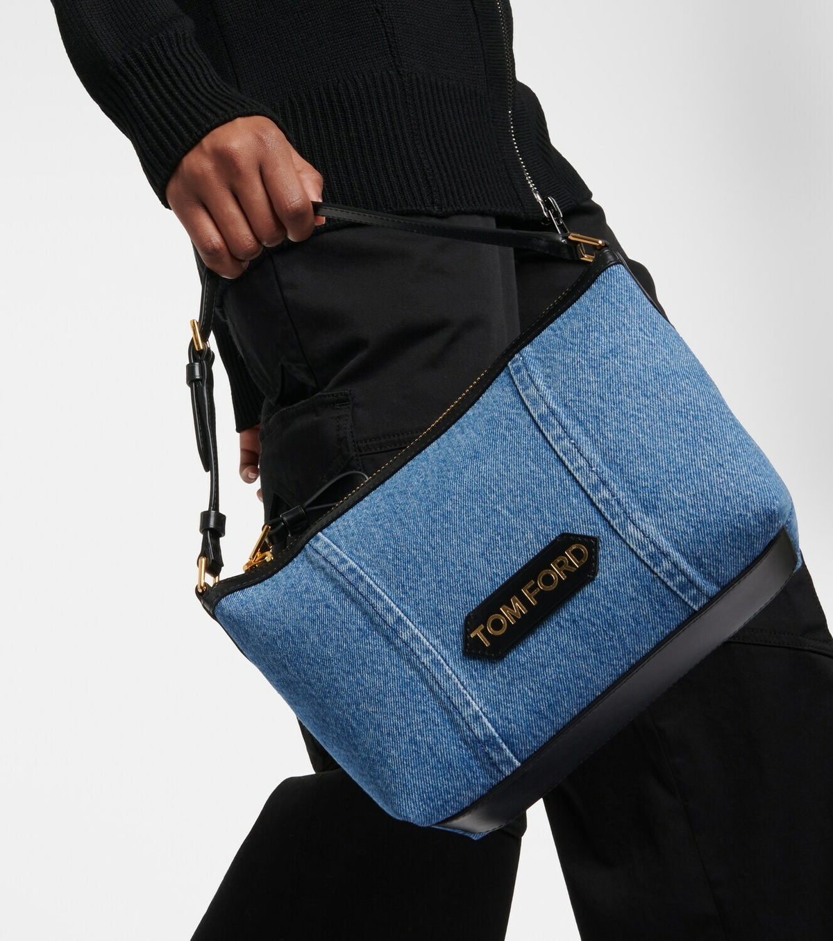 Tom Ford Label Mini denim and leather shoulder bag TOM FORD