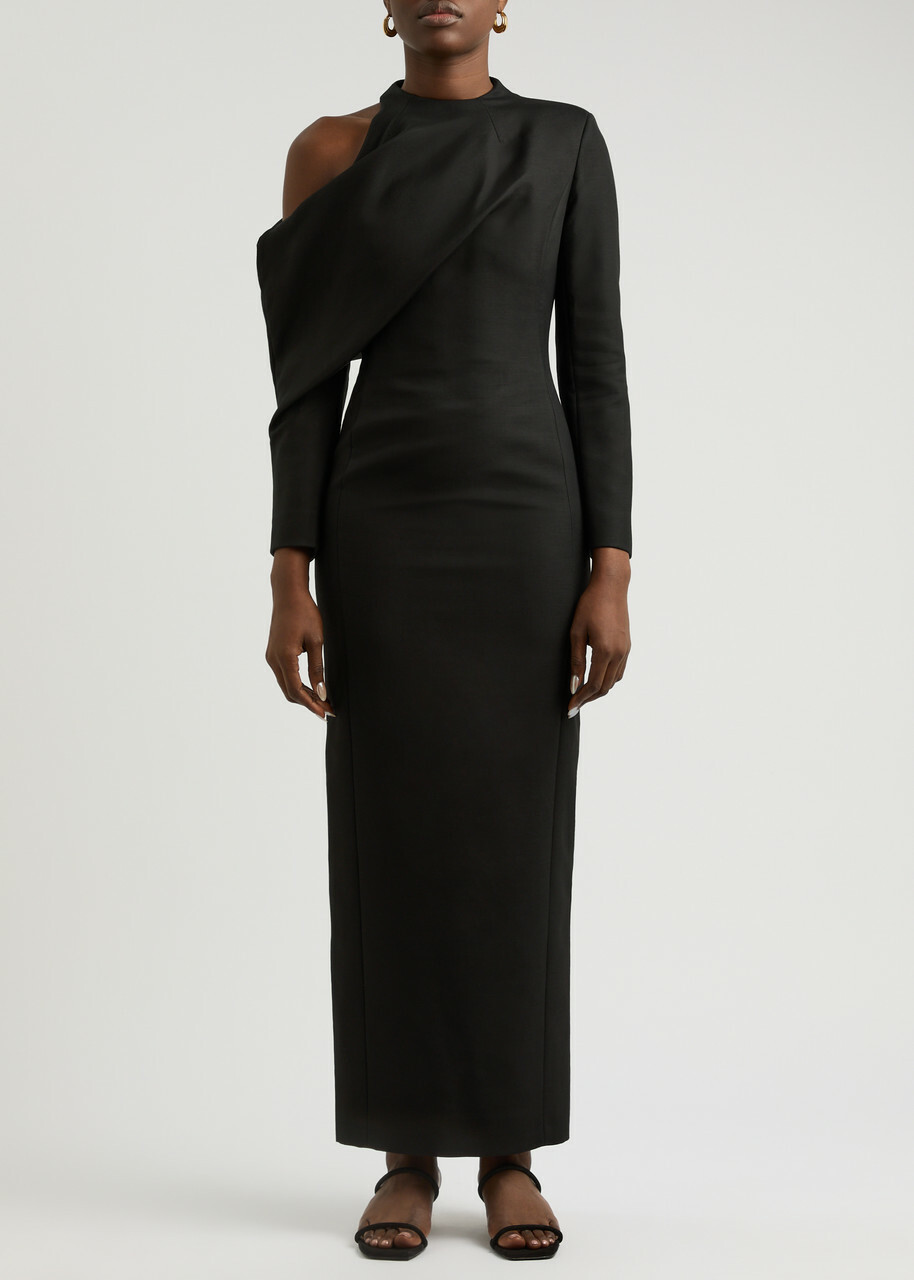 Khaite Trey Off-the-shoulder Woven Maxi Dress Black Khaite