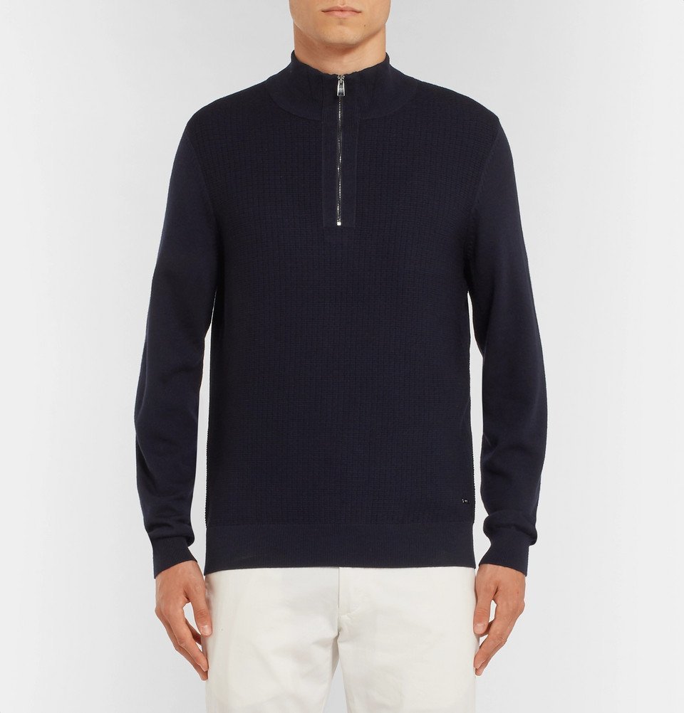 Hugo Boss - Textured-Knit Virgin Wool Half-Zip Sweater - Men - Navy ...