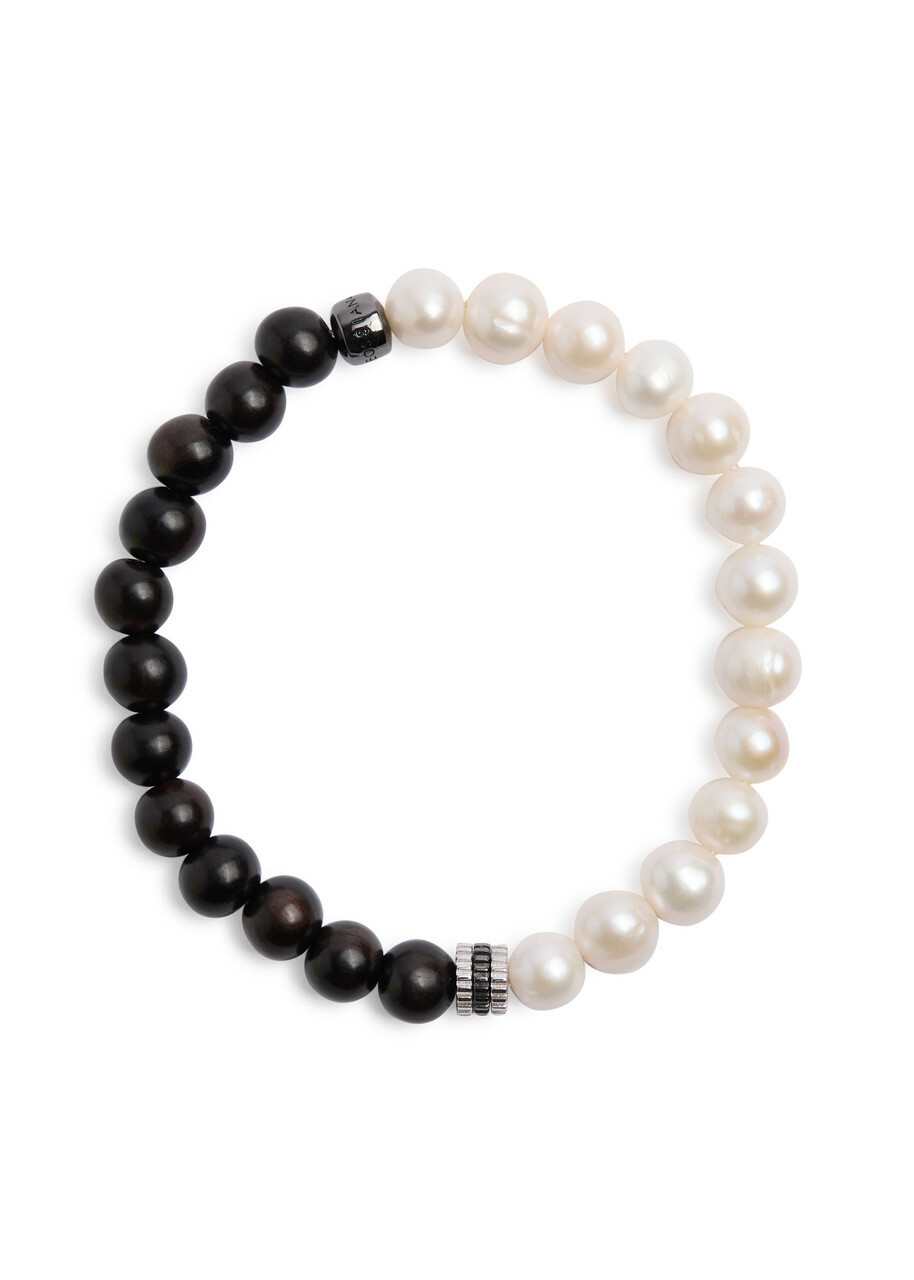 Tateossian Gear Trio Pearl and Wood Beaded Bracelet Black TATEOSSIAN