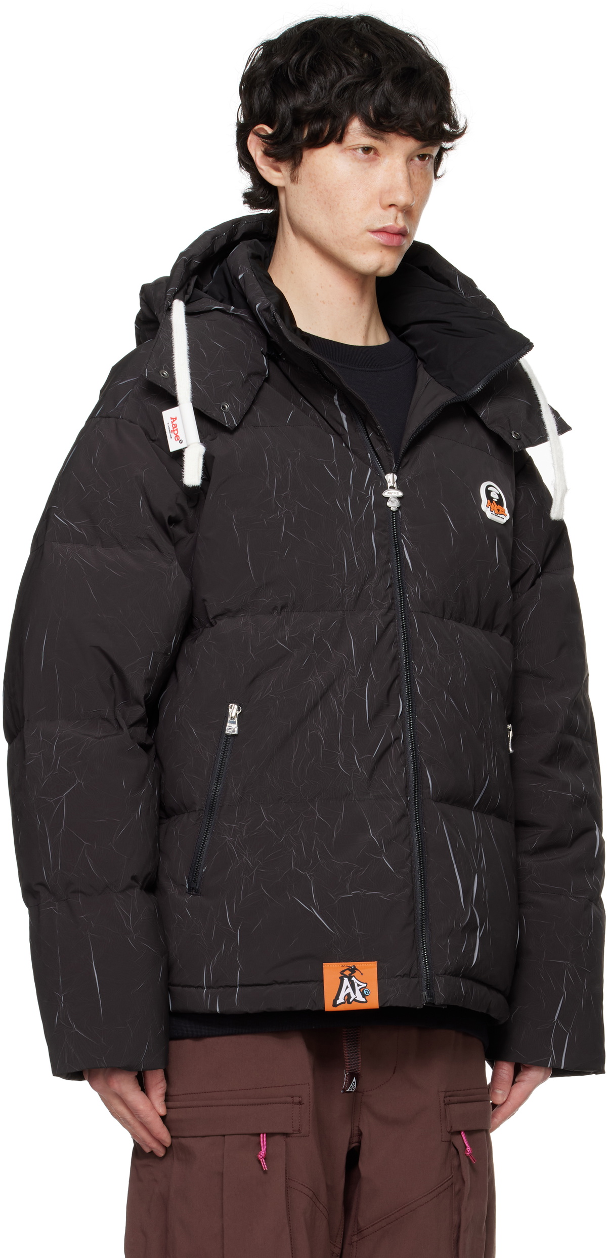 AAPE by A Bathing Ape Black Moonface Logo Camo Hooded Down Jacket AAPE ...