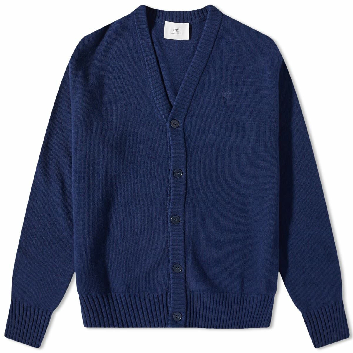 AMI Men's Tonal Small Heart Cardigan in Nautic Blue AMI