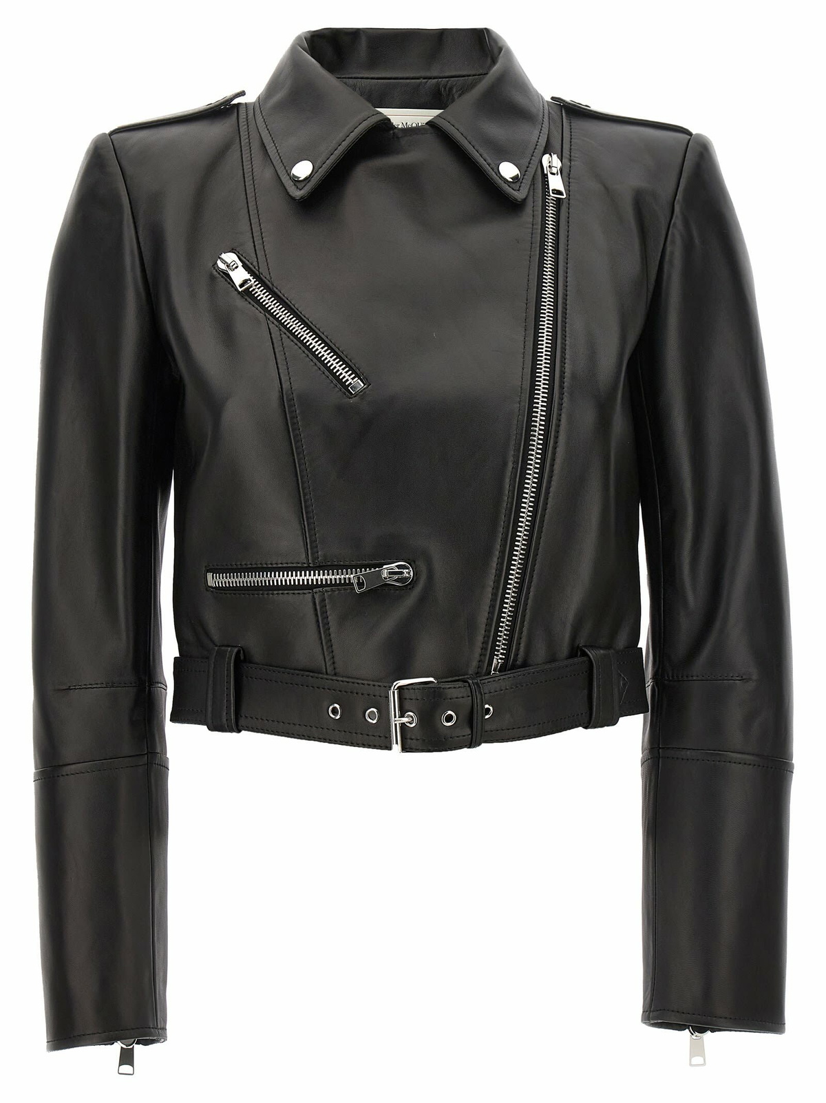 Alexander McQueen Cropped Biker Jacket With Matching Belt In Smooth ...