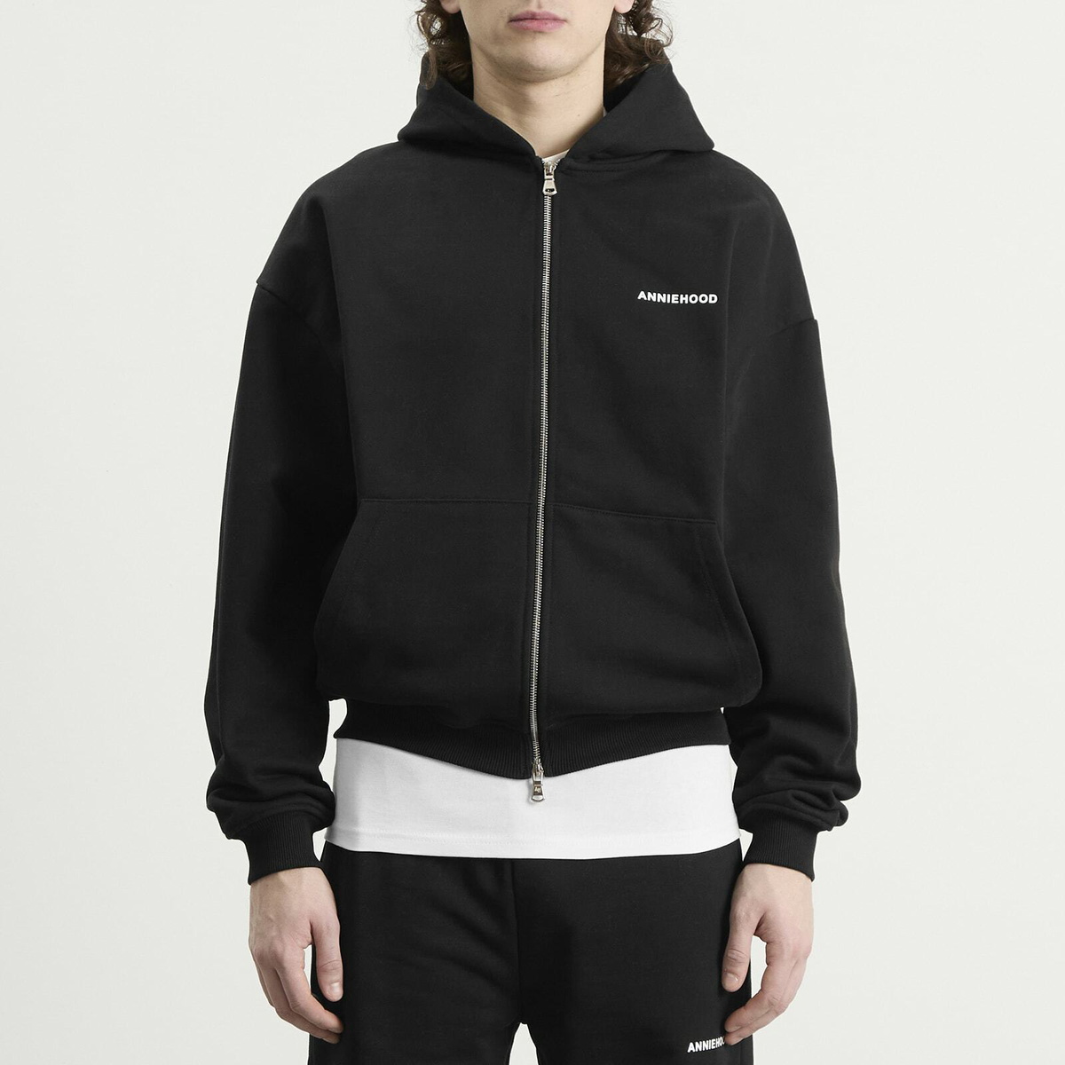 ANNIE HOOD Men's Mini Logo Zip Hoodie in Black ANNIE HOOD