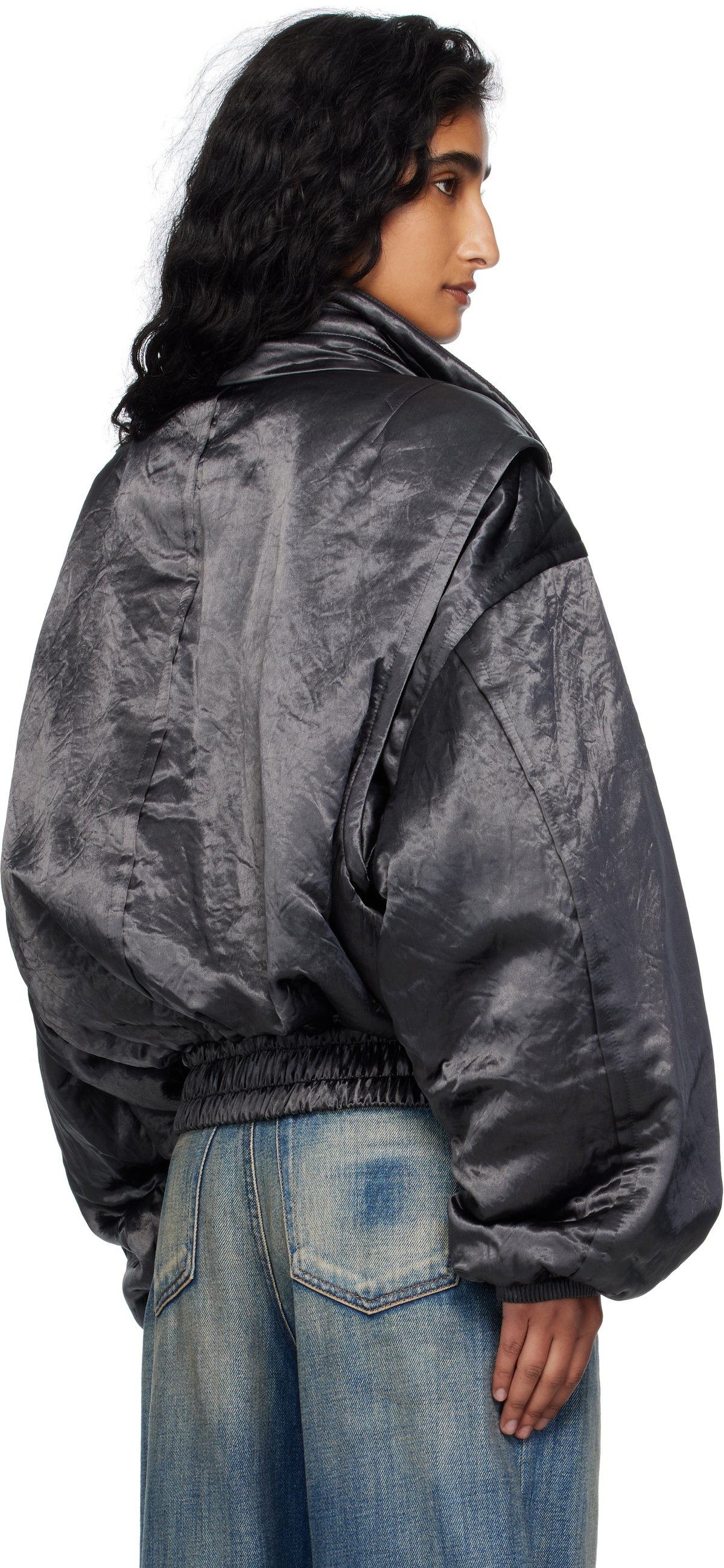 OPEN YY Gray Satin Cargo Bomber Jacket OPEN YY