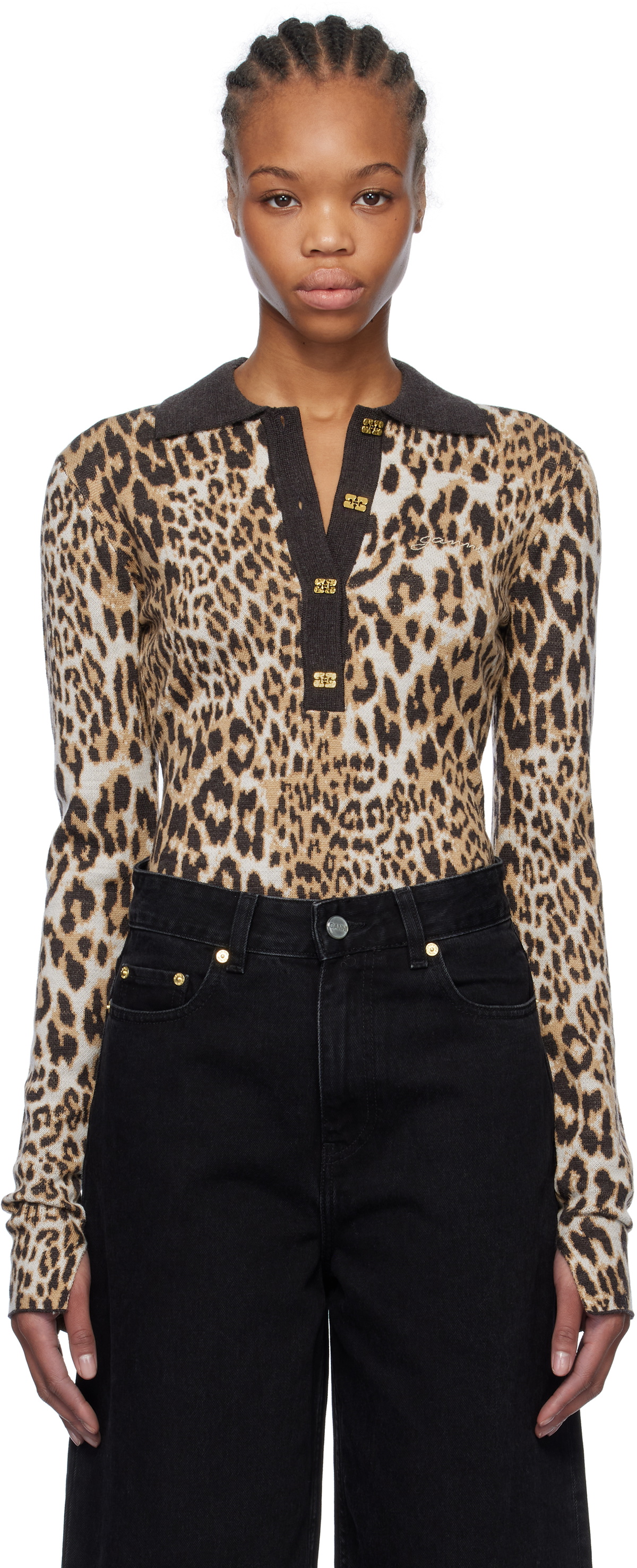 GANNI Brown Leopard Knitted Polo GANNI