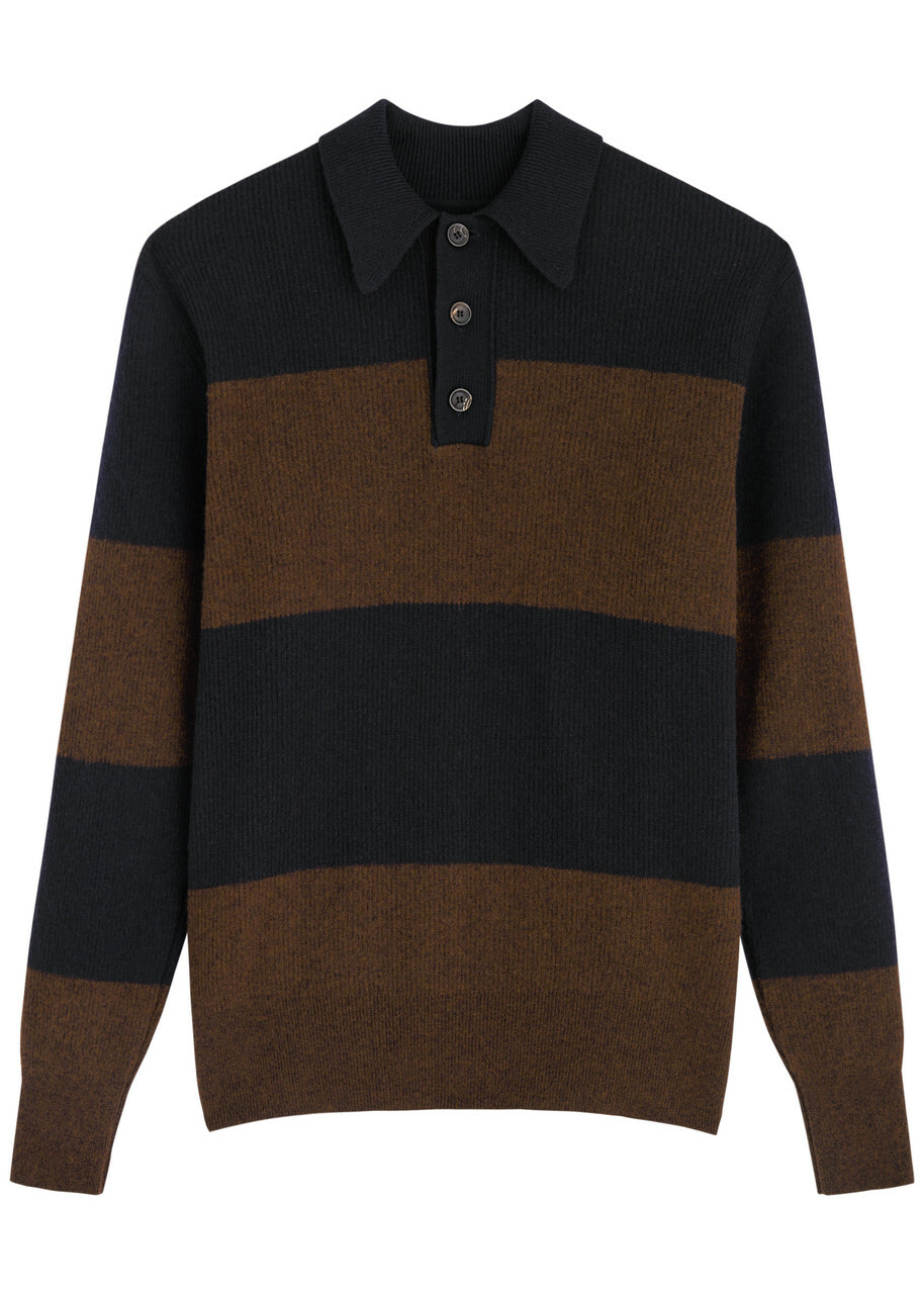 Oliver Spencer Wren Striped-intarsia Wool Polo Shirt Navy Oliver Spencer