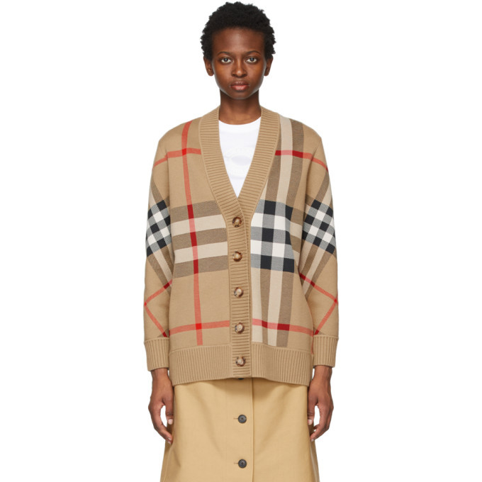 Burberry Beige Merino Jacquard Check Cardigan Burberry