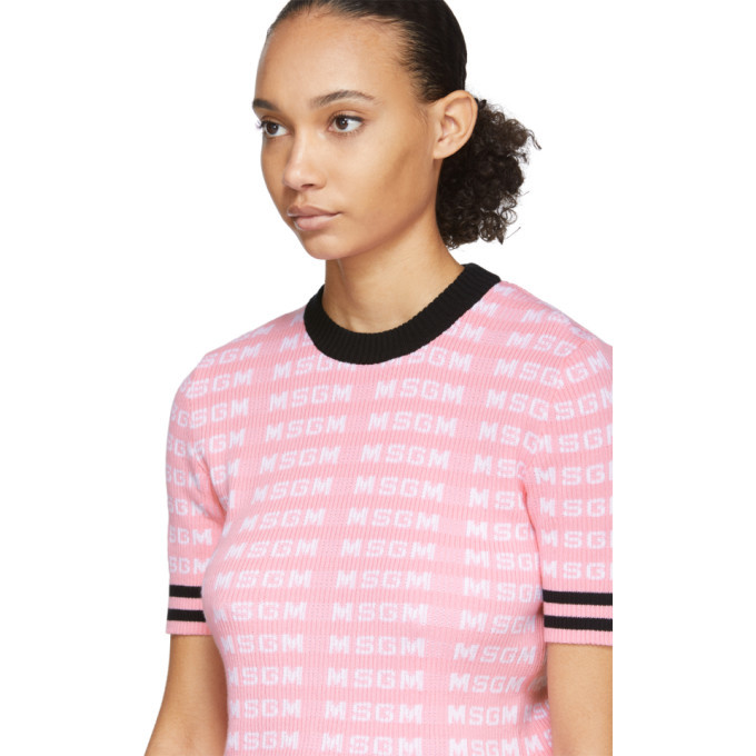 MSGM Pink All Over Logo Short Sleeve Sweater MSGM