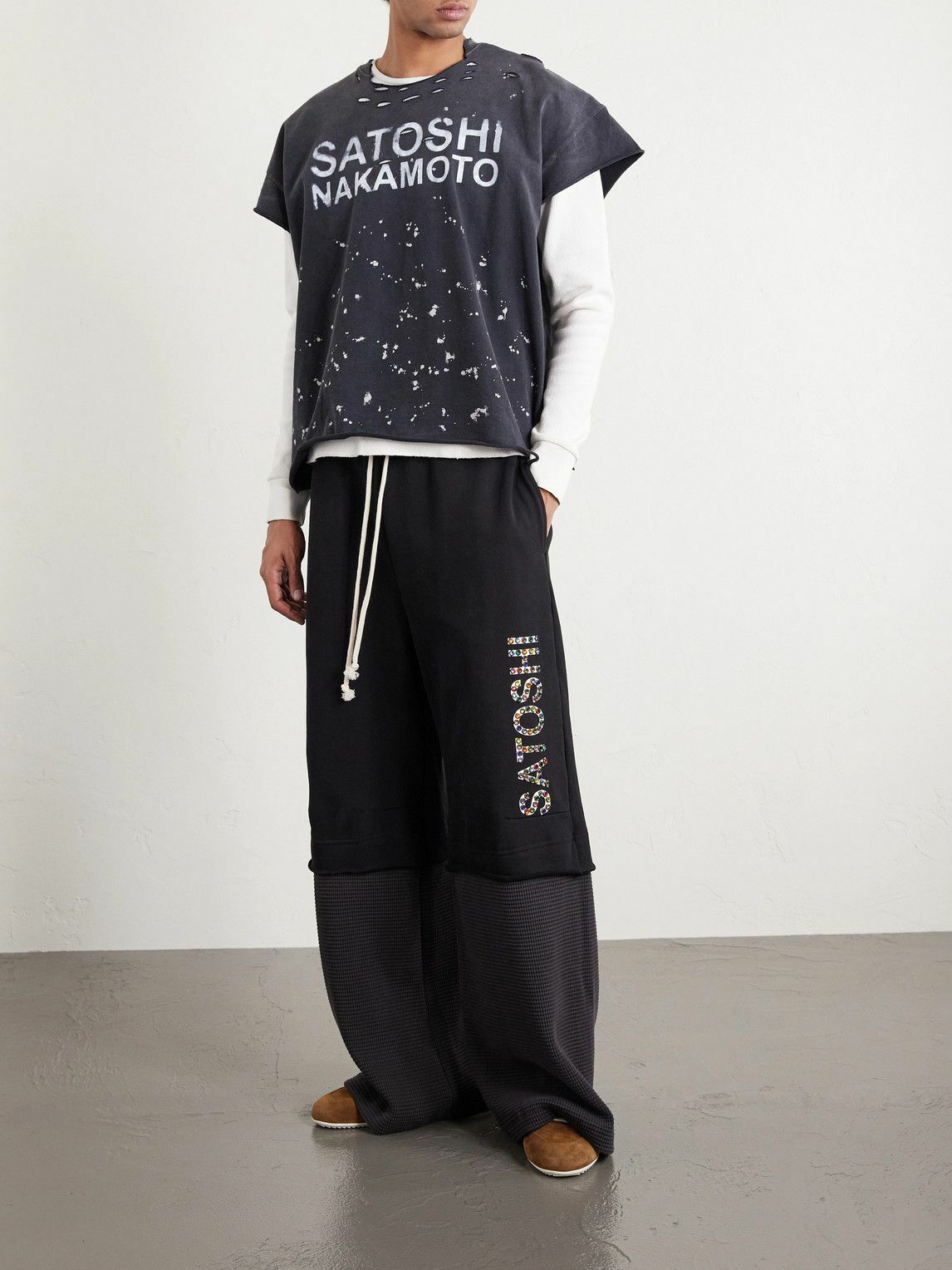 Satoshi Nakamoto - Wide-Leg Logo-Embellished Cotton-Jersey and Waffle ...