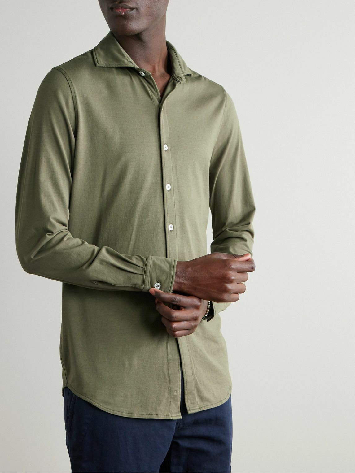 Altea - Palmer Cutaway-Collar Stretch-Cotton Jersey Shirt - Green Altea