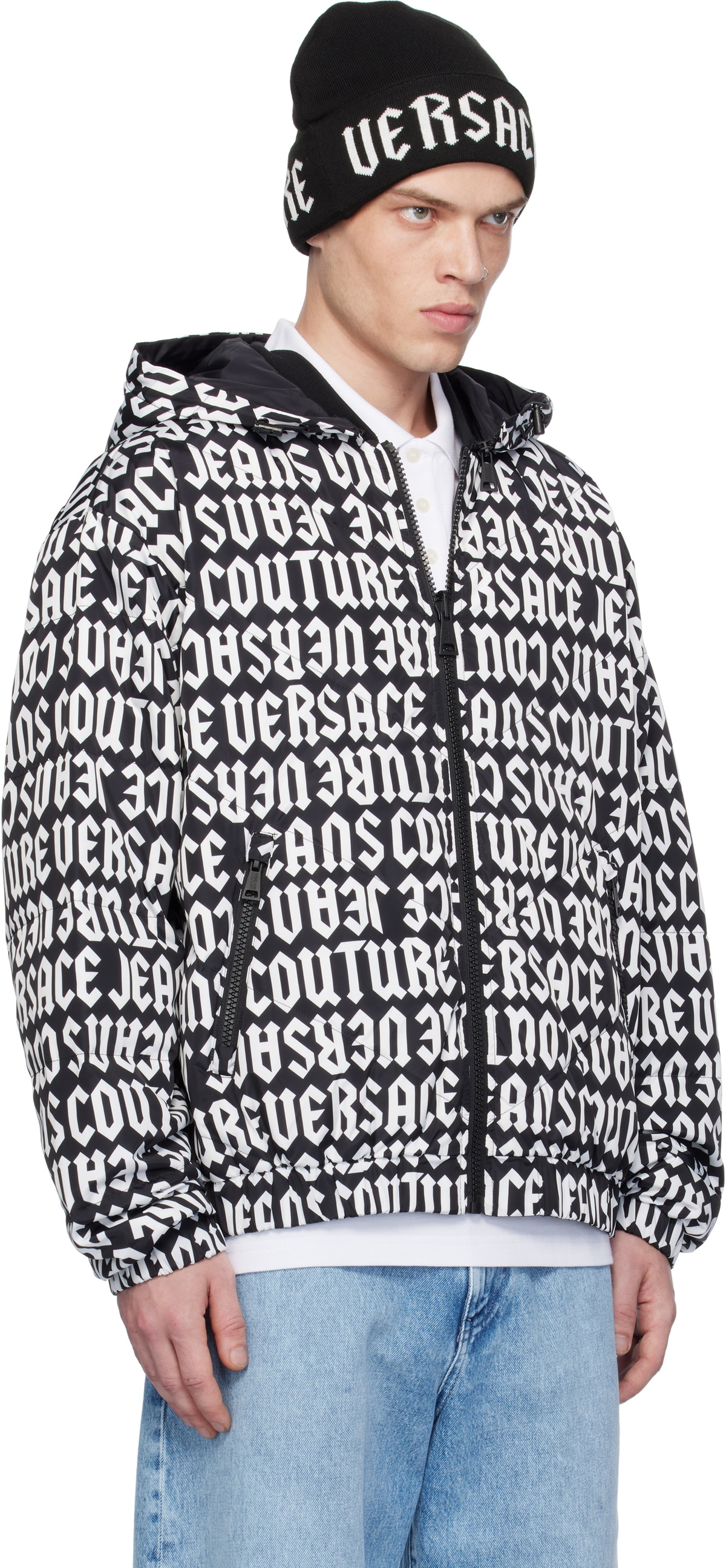 Versace Jeans Couture Black & White Rev Monogram Reversible Down Jacket ...