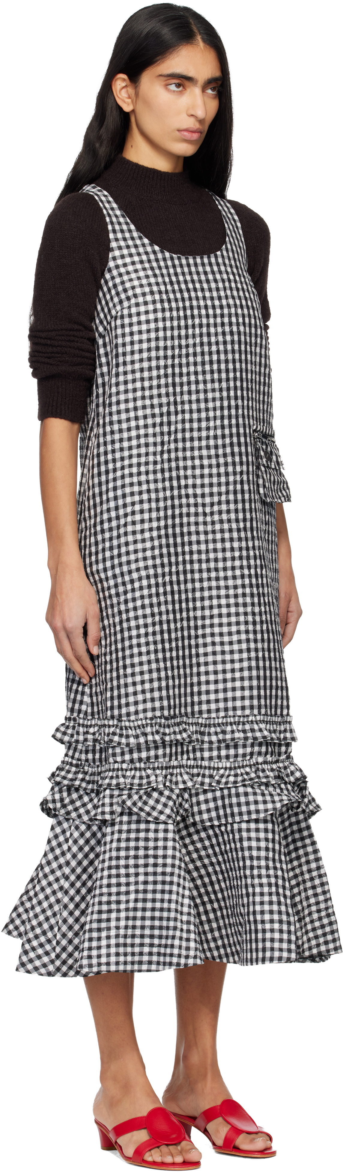 GANNI Black & White Crinkled Check Midi Dress GANNI