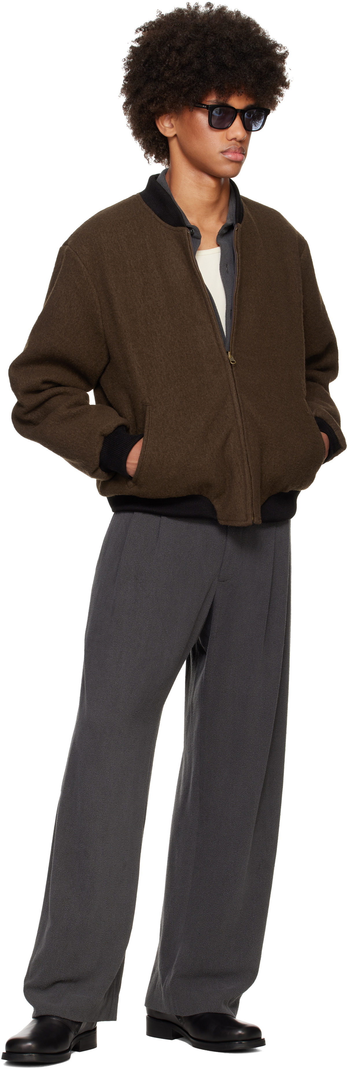 Small Talk Studio Brown Wool Fleece Reversible Bomber Jacket Small Talk ...