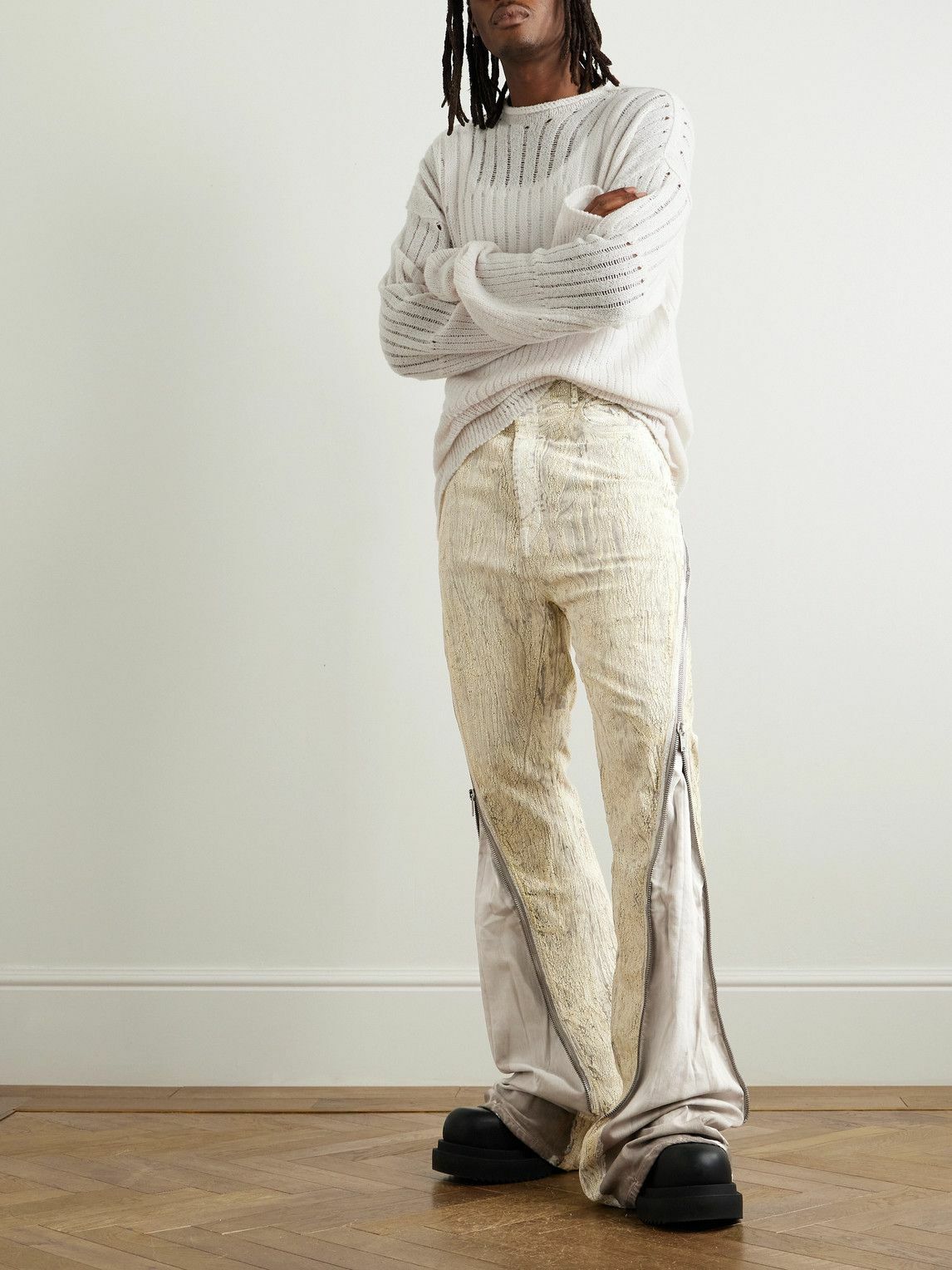 Rick Owens - Bolan Banana Flared Zip-Detailed Metallic Megacrust Jeans ...