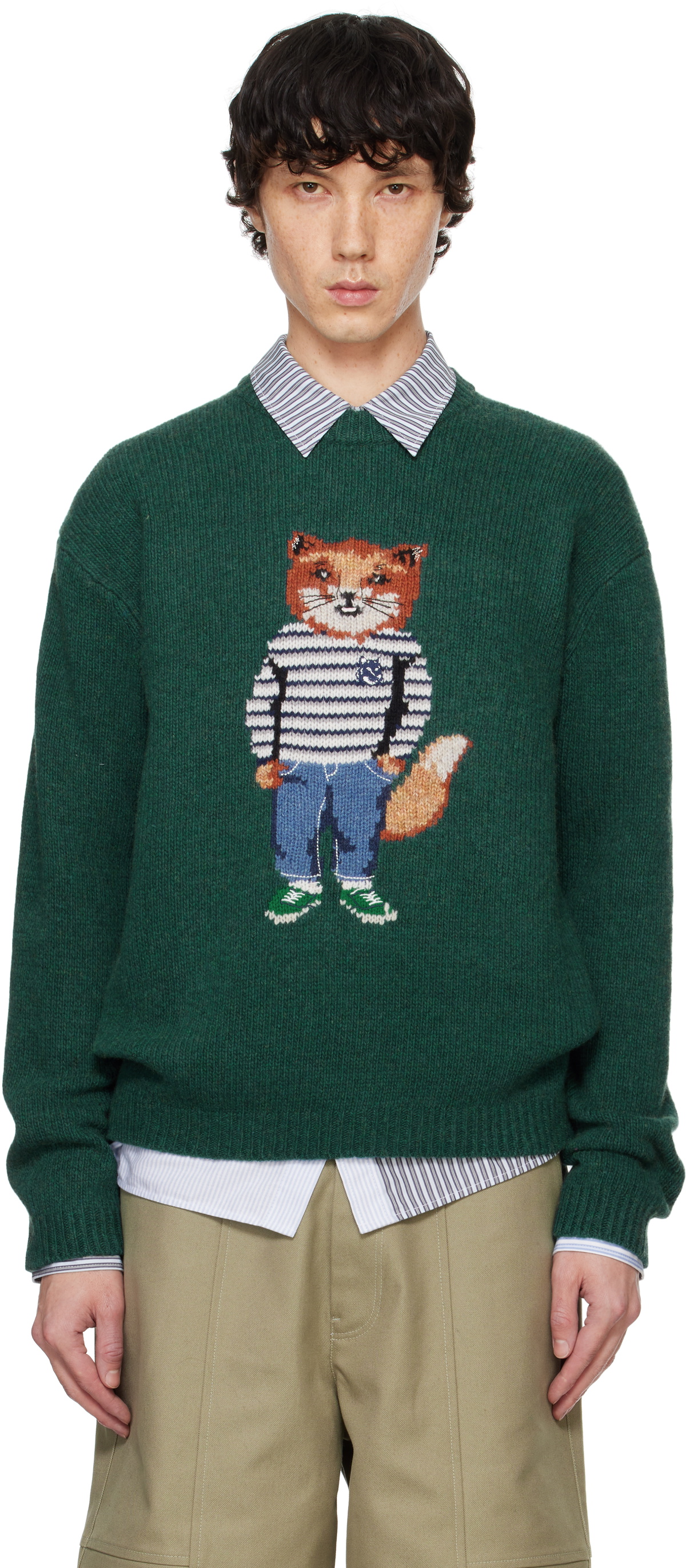 Maison Kitsuné Green Dressed Fox Intarsia Sweater Maison Kitsune