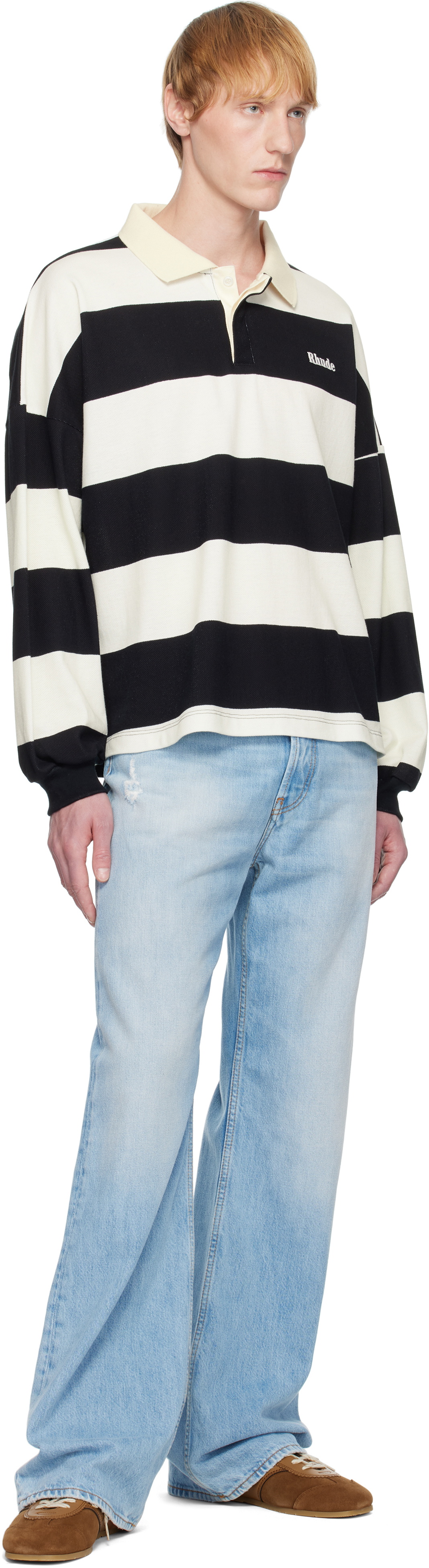 Rhude Black & White Striped Piqué Polo Rhude