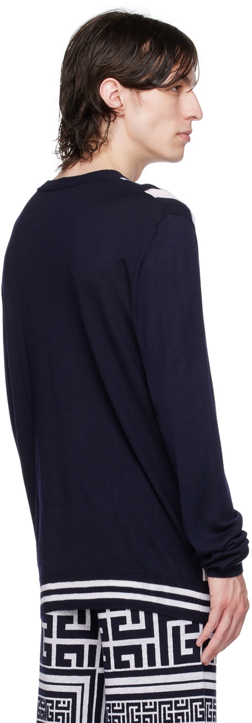 Balmain White & Navy Jacquard Sweater Balmain