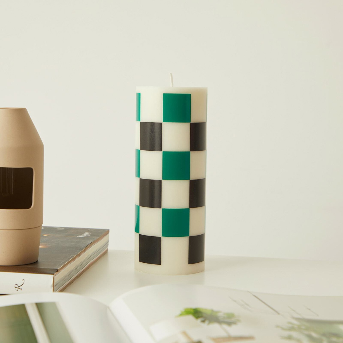 HAY Column Candle Medium in Off-White/Green/Black Check HAY