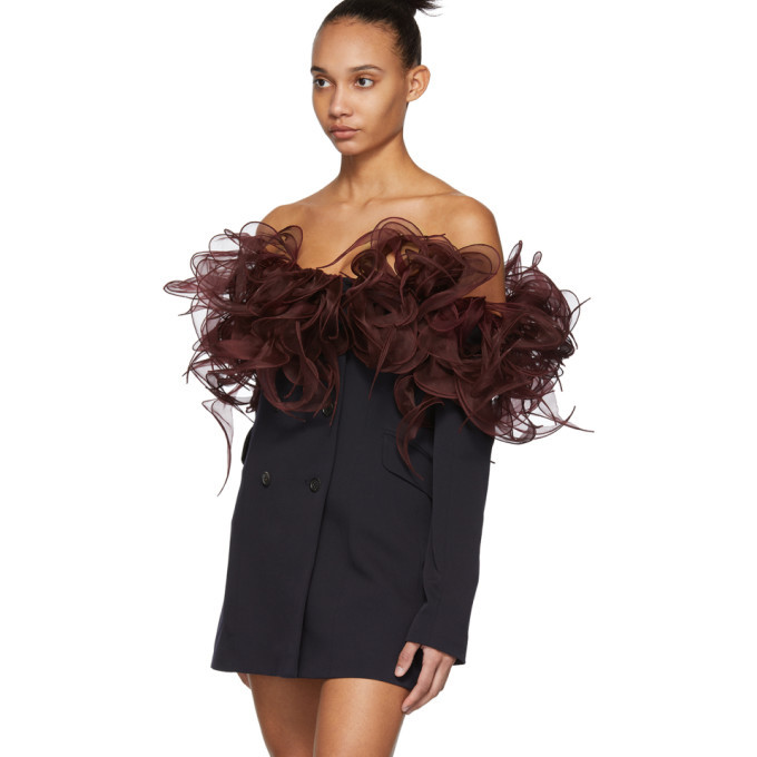 Y/Project Navy and Burgundy Leafs Off-The-Shoulder Blazer Y/Project