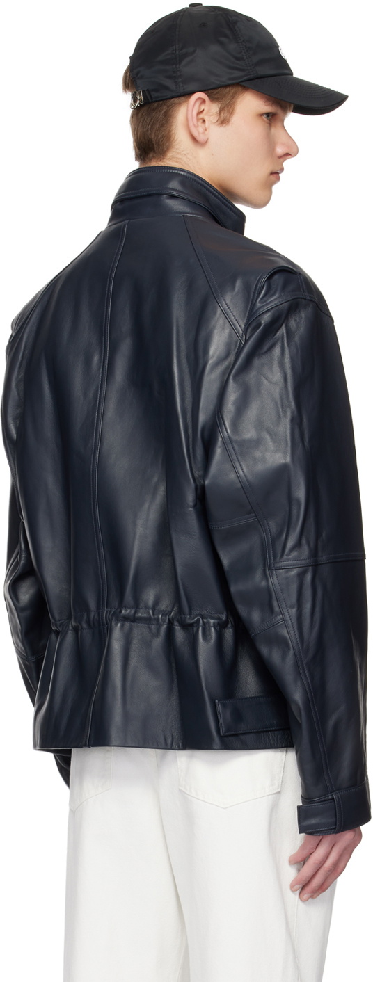 Solid Homme Navy Drawstring Leather Jacket Solid Homme
