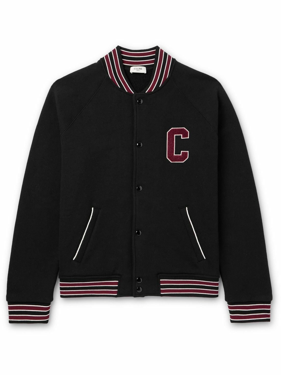 CELINE - Teddy Logo-Appliquéd Cotton-Jersey Varsity Jacket - Black Celine