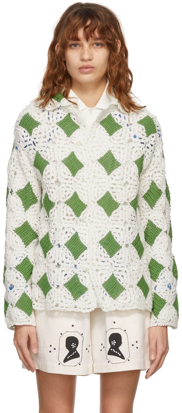 Bode SSENSE Exclusive White & Green Diamond Crochet Overshirt Bode
