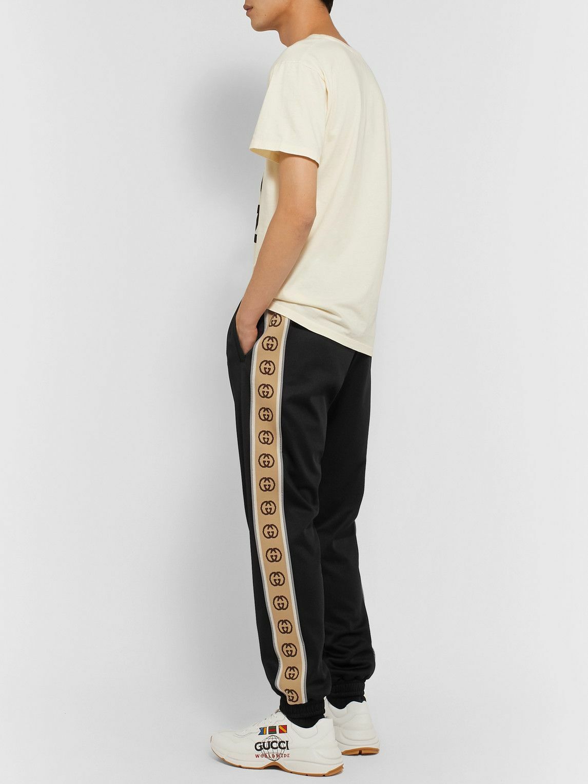 GUCCI - Tapered Logo-Jacquard Webbing-Trimmed Tech-Jersey Track Pants ...