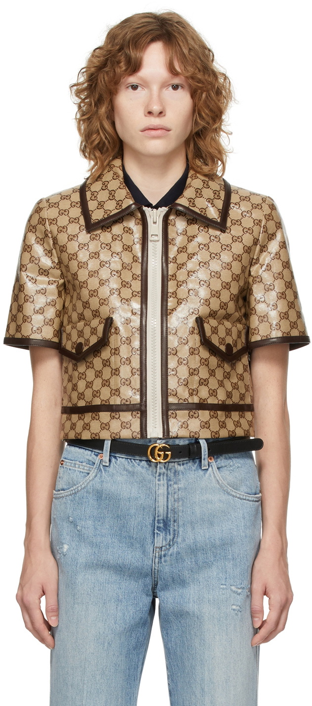Gucci Beige & Brown Coated Canvas GG Short Sleeve Jacket Gucci