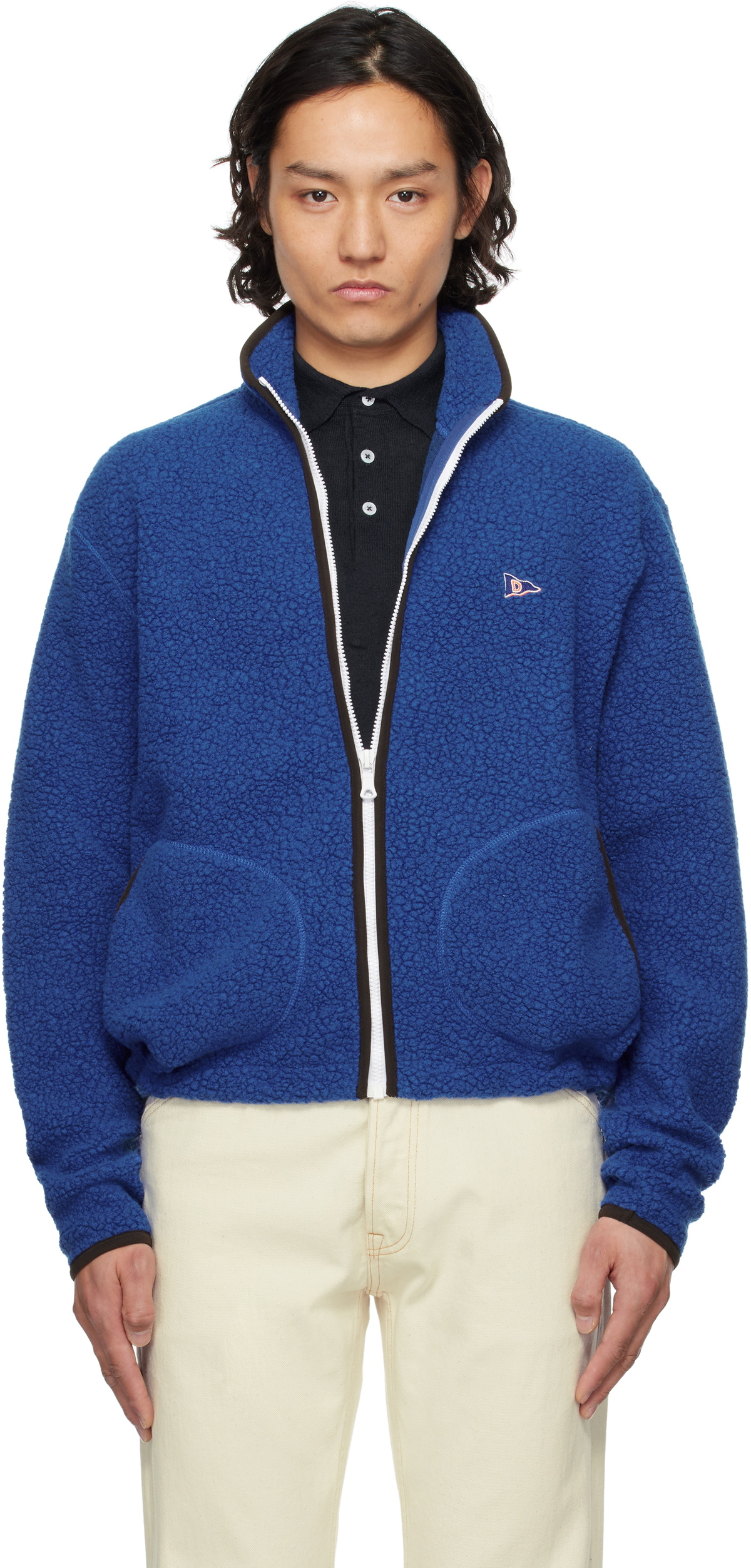 Drake's Blue Boucle Wool Zip Fleece Jacket Drake's