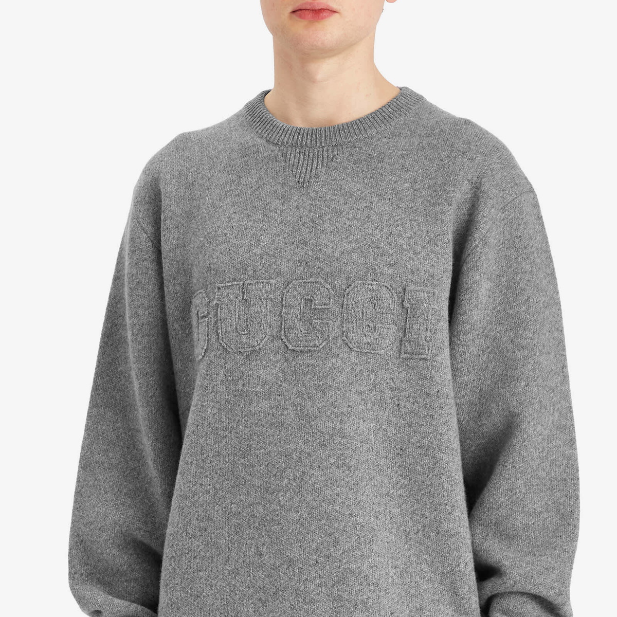 Gucci Men's Logo Embossed Wool Crew Neck Knit in Medium Grey Gucci