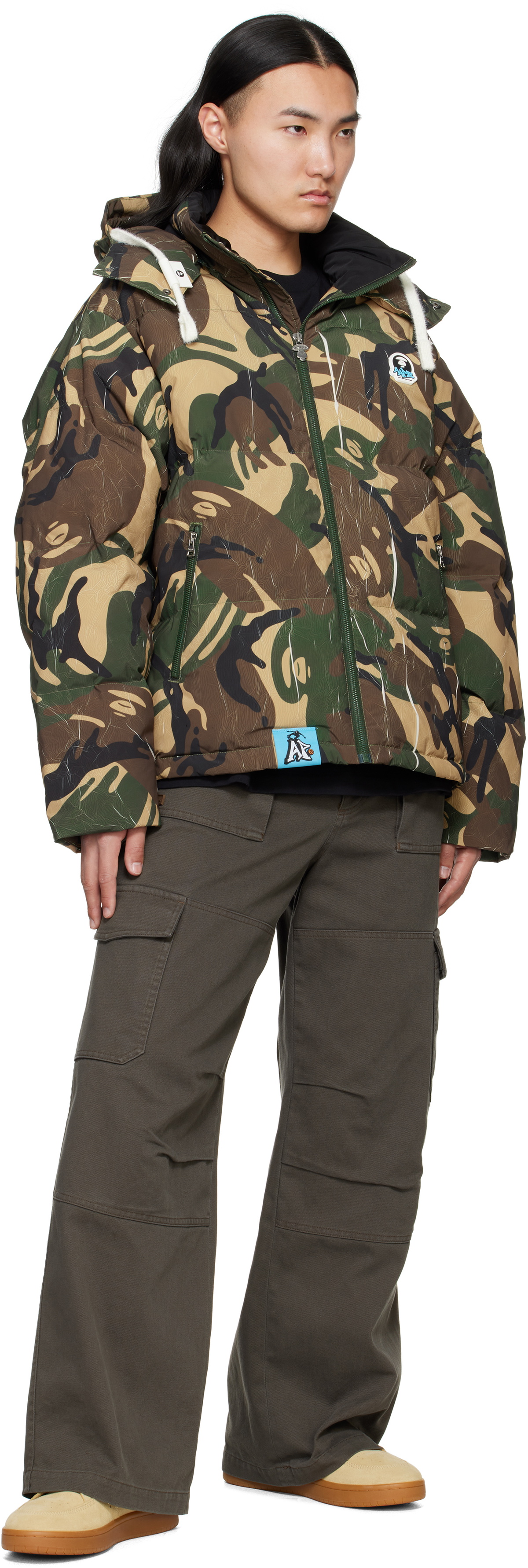 AAPE by A Bathing Ape Multicolor Moonface Camo Hooded Down Jacket AAPE ...