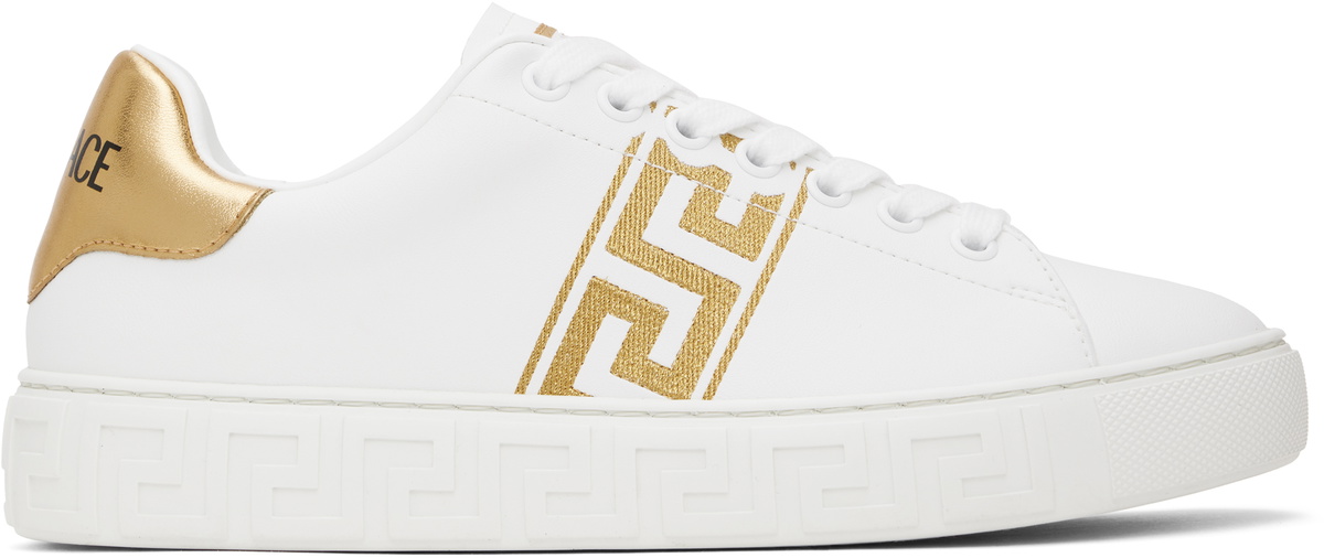 Versace White & Gold Embroidered Greca Sneakers Versace