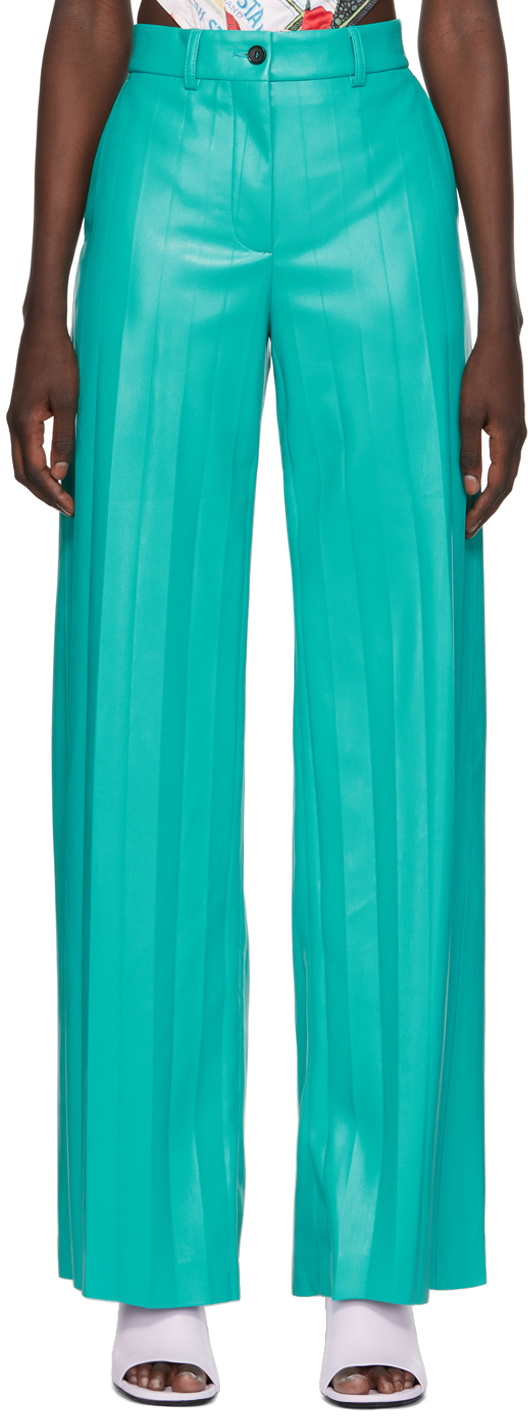 MSGM Blue Pleated Faux-Leather Pants MSGM