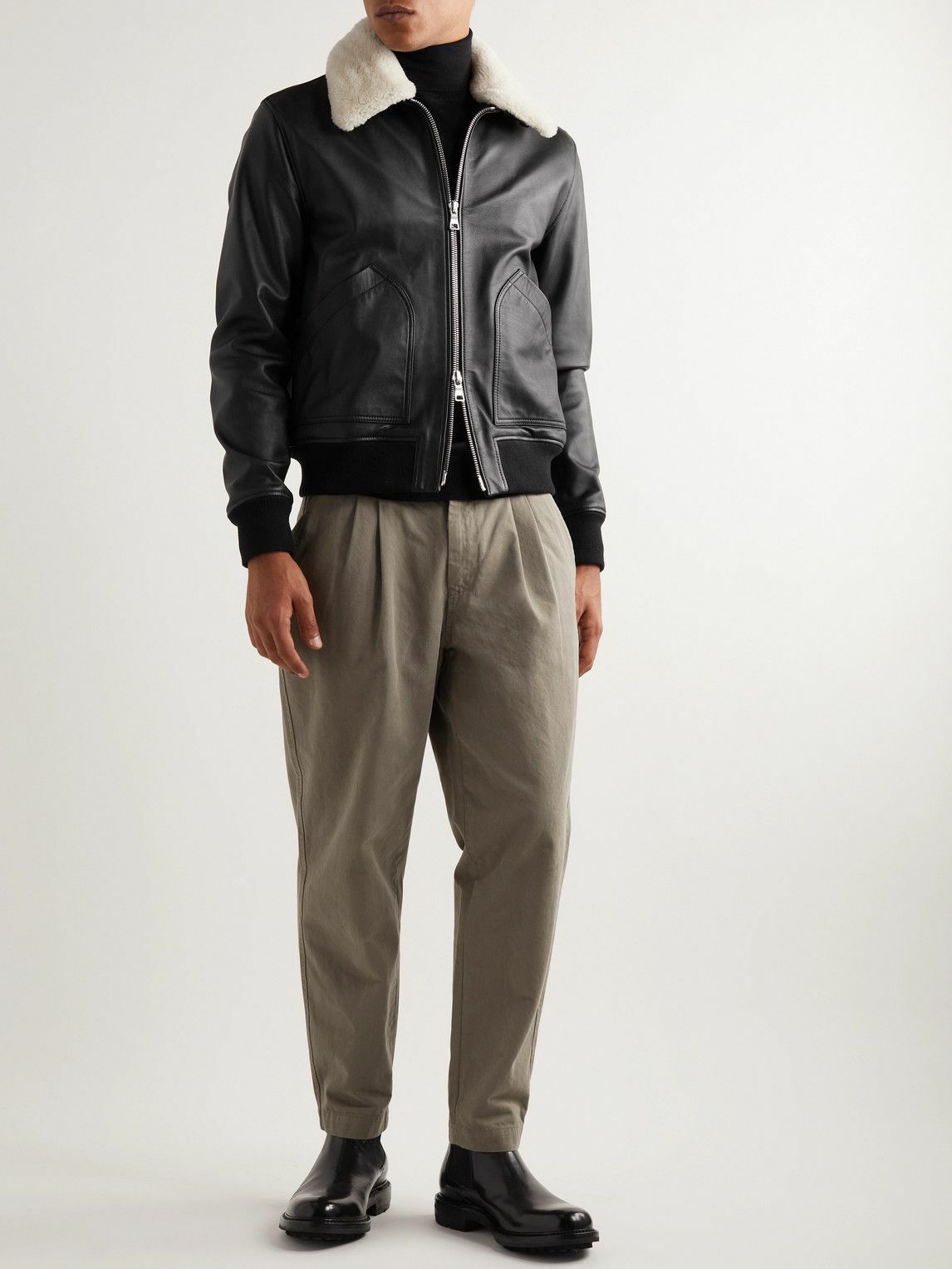 Mr P. - Shearling-Trimmed Leather Bomber Jacket - Black Mr P.