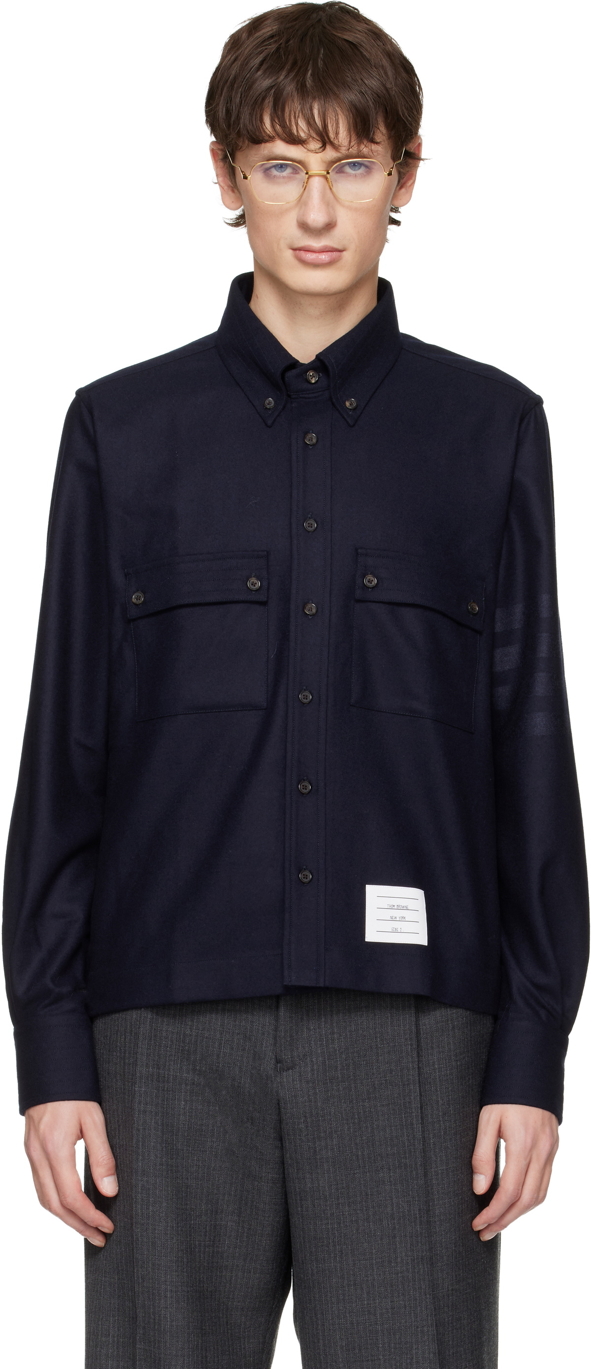 Thom Browne Navy 4-Bar Flannel Utility Shirt Thom Browne