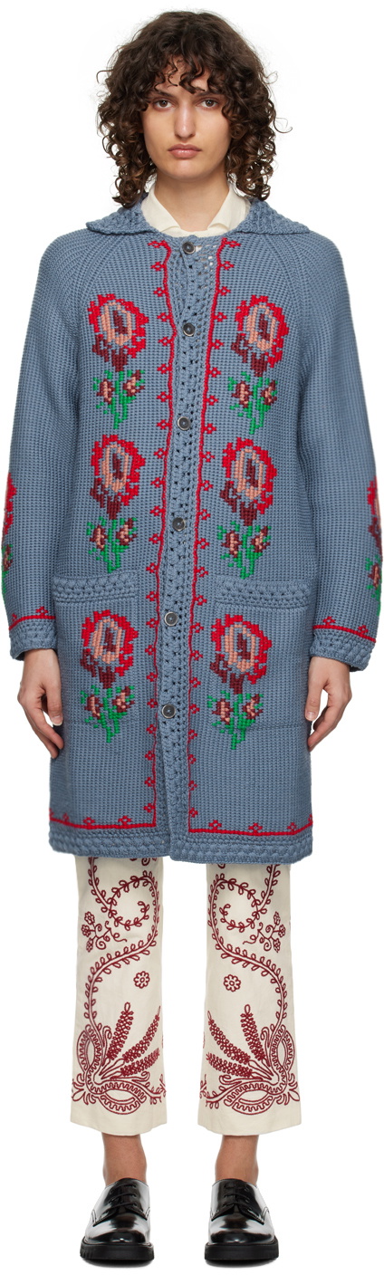 Bode Blue Fleur Cross Stitch Cardigan Bode