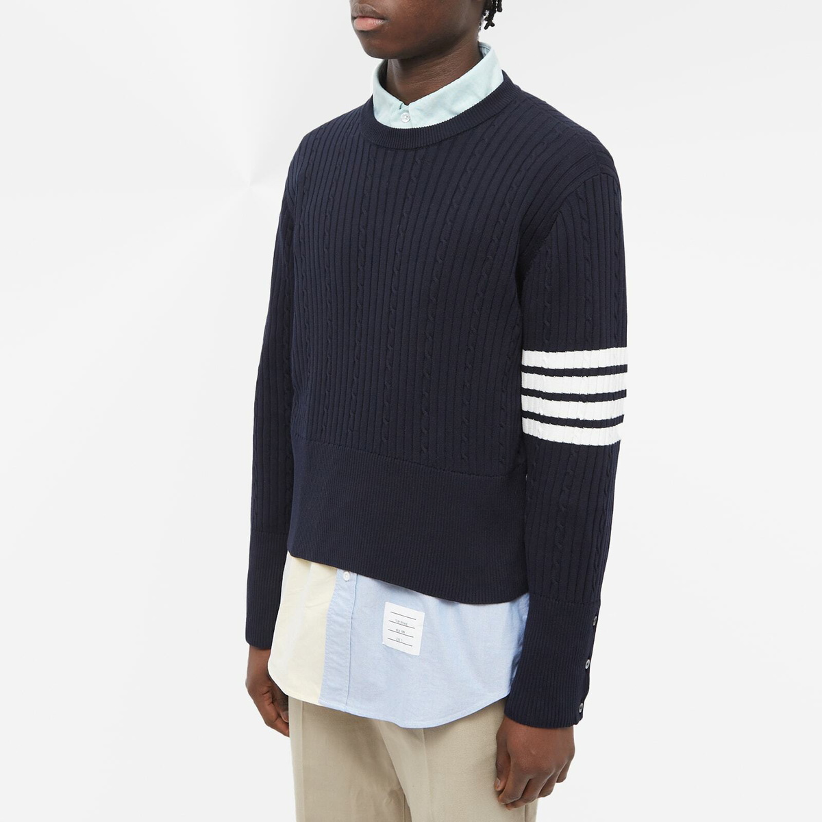 Thom Browne Men's Engineered Stripe Cable Knit in Navy Thom Browne