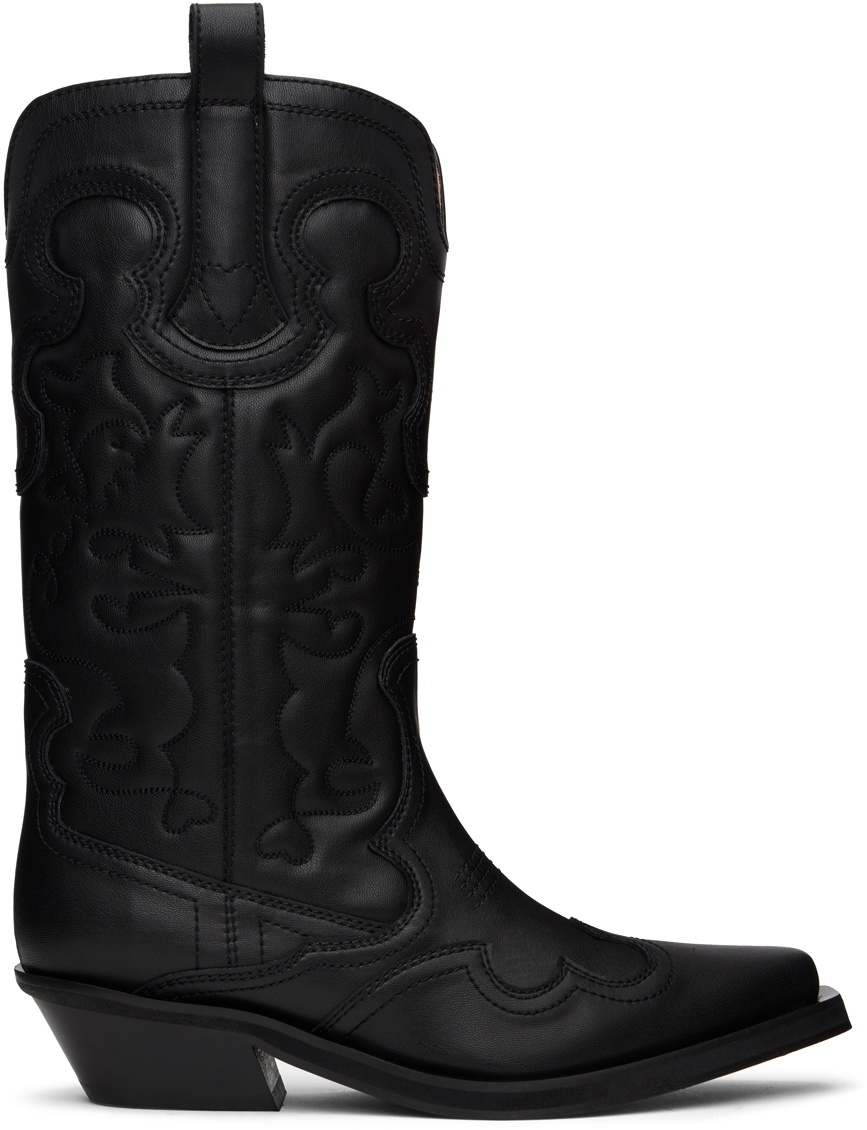 GANNI Black Mid Shaft Embroidered Western Boots GANNI